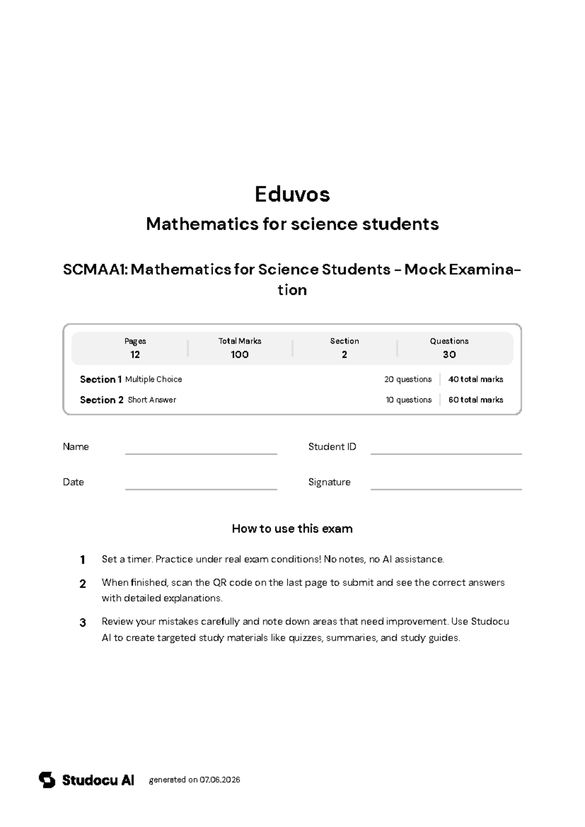 SCMAA1: Mathematics for Science Students - Mock Exam - Studocu
