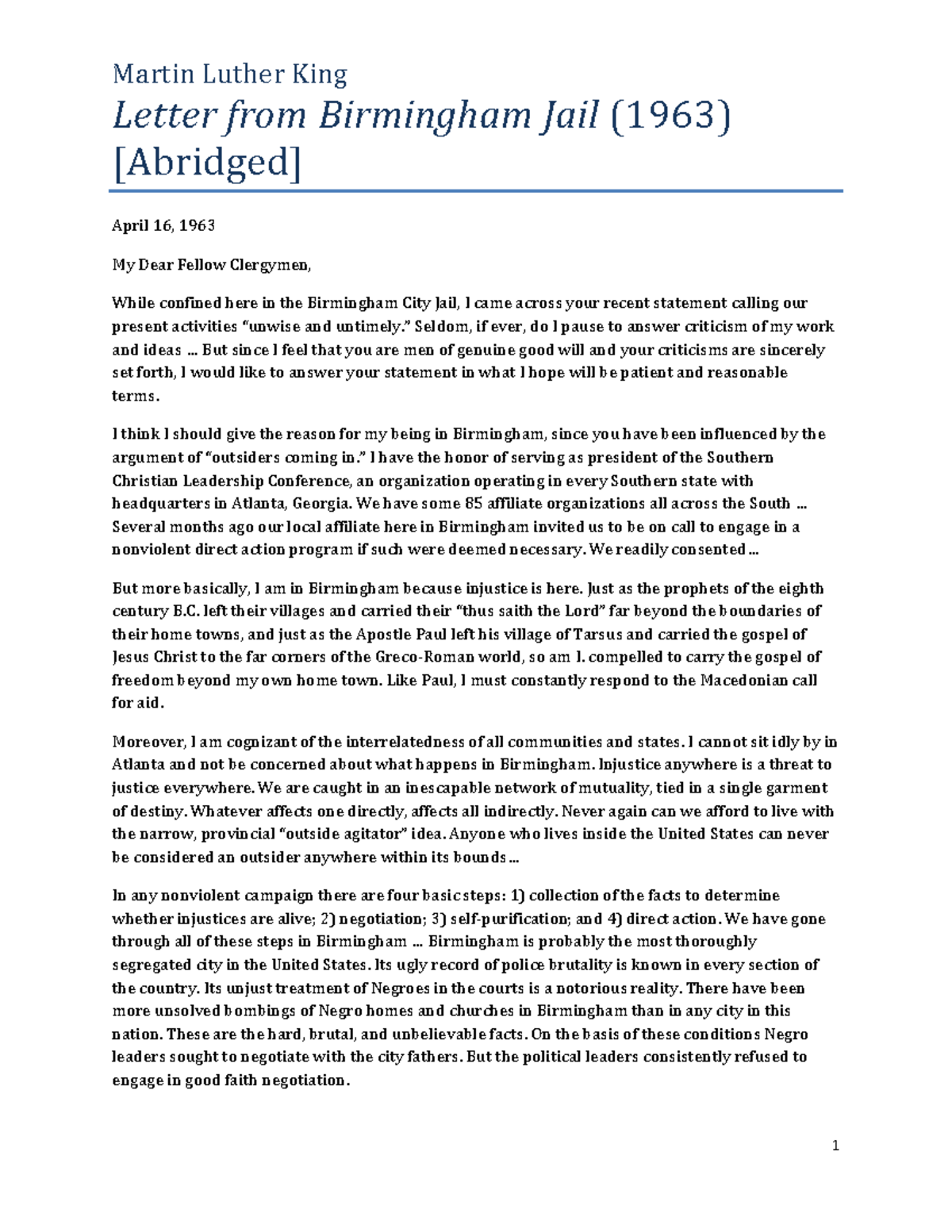 Abridged MLK Letter from Birmingham Jail - 1963 Analysis - Studocu