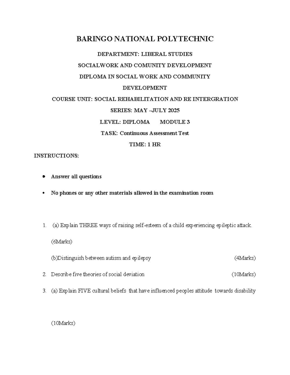 Social Work & Community Development: Continuous Assessment Test Notes ...