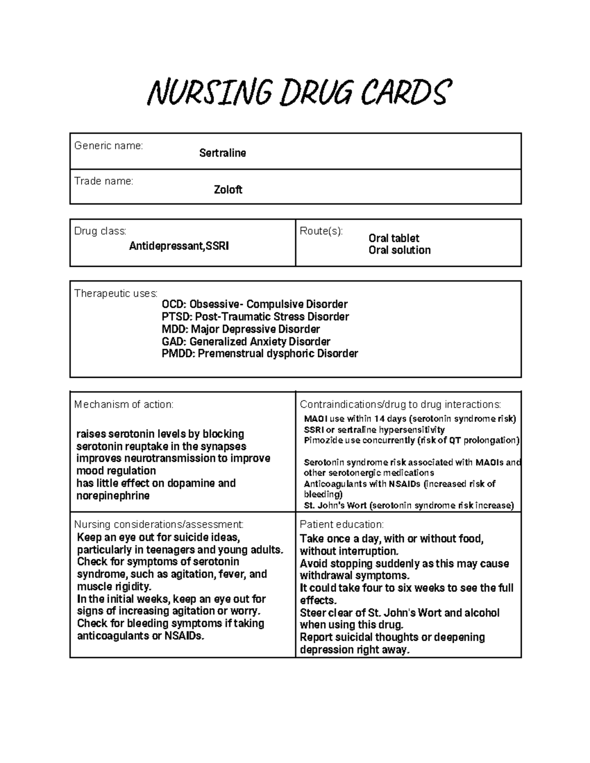 Sertraline Zoloft Medcard (4) - NU N D U CA S Generic name: Trade name ...
