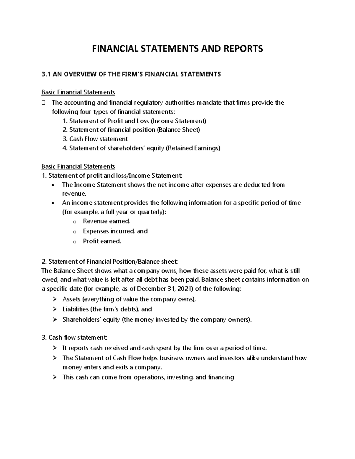 Financial Statements Overview for Analysis and Reporting - Studocu
