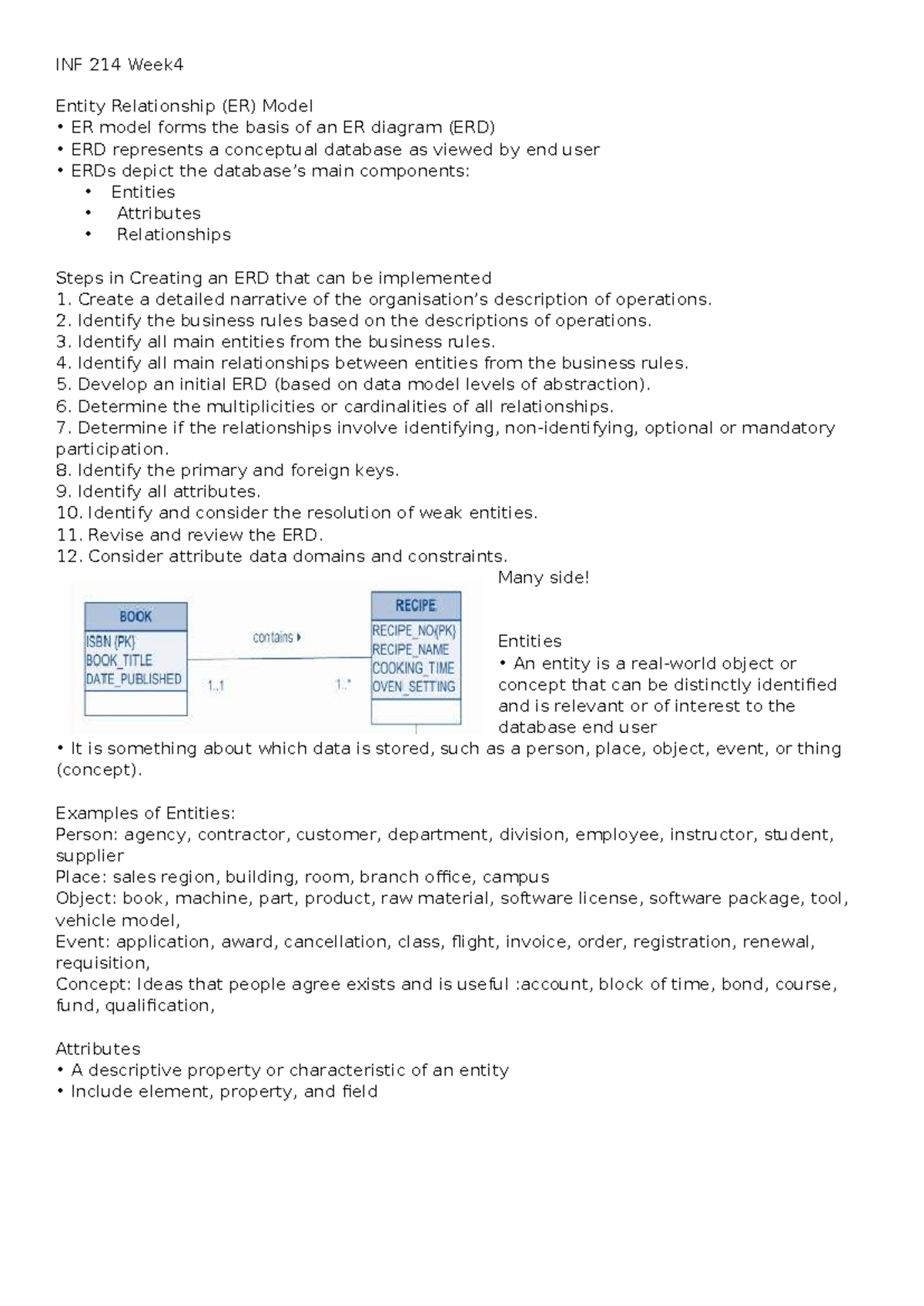 INF 214 Week 4 Summary: Entity Relationship Model and ERD Creation - Studocu