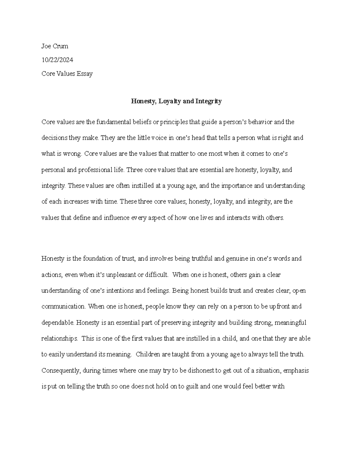 Core Values Essay: Understanding Honesty, Loyalty & Integrity - Studocu
