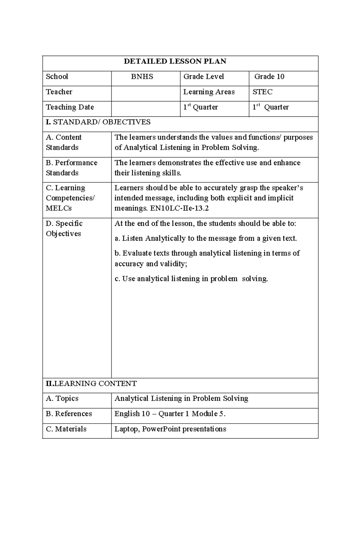 DETAILED LESSON PLAN: Analytical Listening in Problem Solving (Grade 10 ...