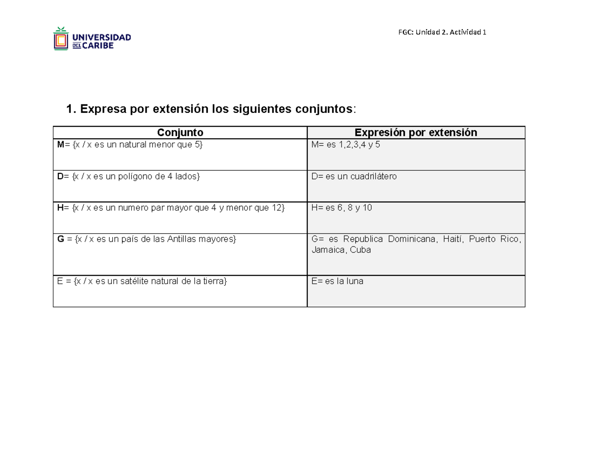FGC: Unidad 2 - Actividad 1: Expresión por Extensión de Conjuntos - Studocu