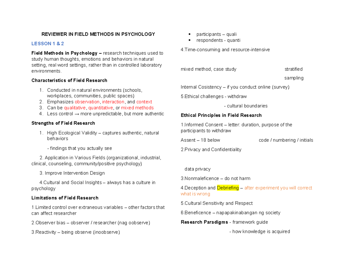 REVIEWER IN FIELD METHODS IN PSYCHOLOGY LESSON 1-3 - Studocu
