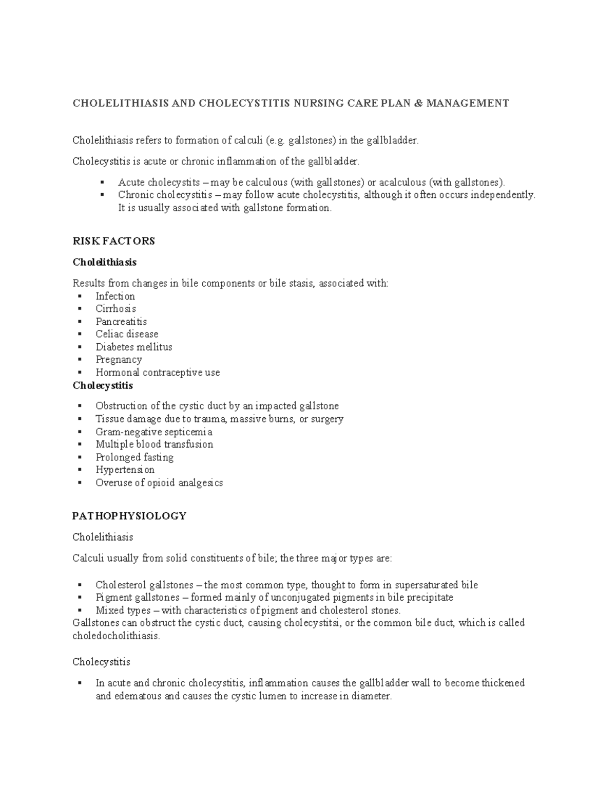 NURSING CARE PLAN: CHOLELITHIASIS & CHOLECYSTITIS MANAGEMENT - Studocu