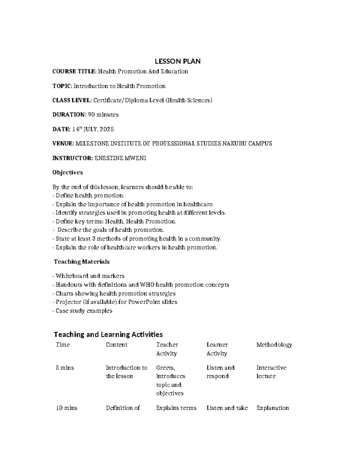 Health Promotion Lesson Plan: Intro to Health Promotion (Health ...