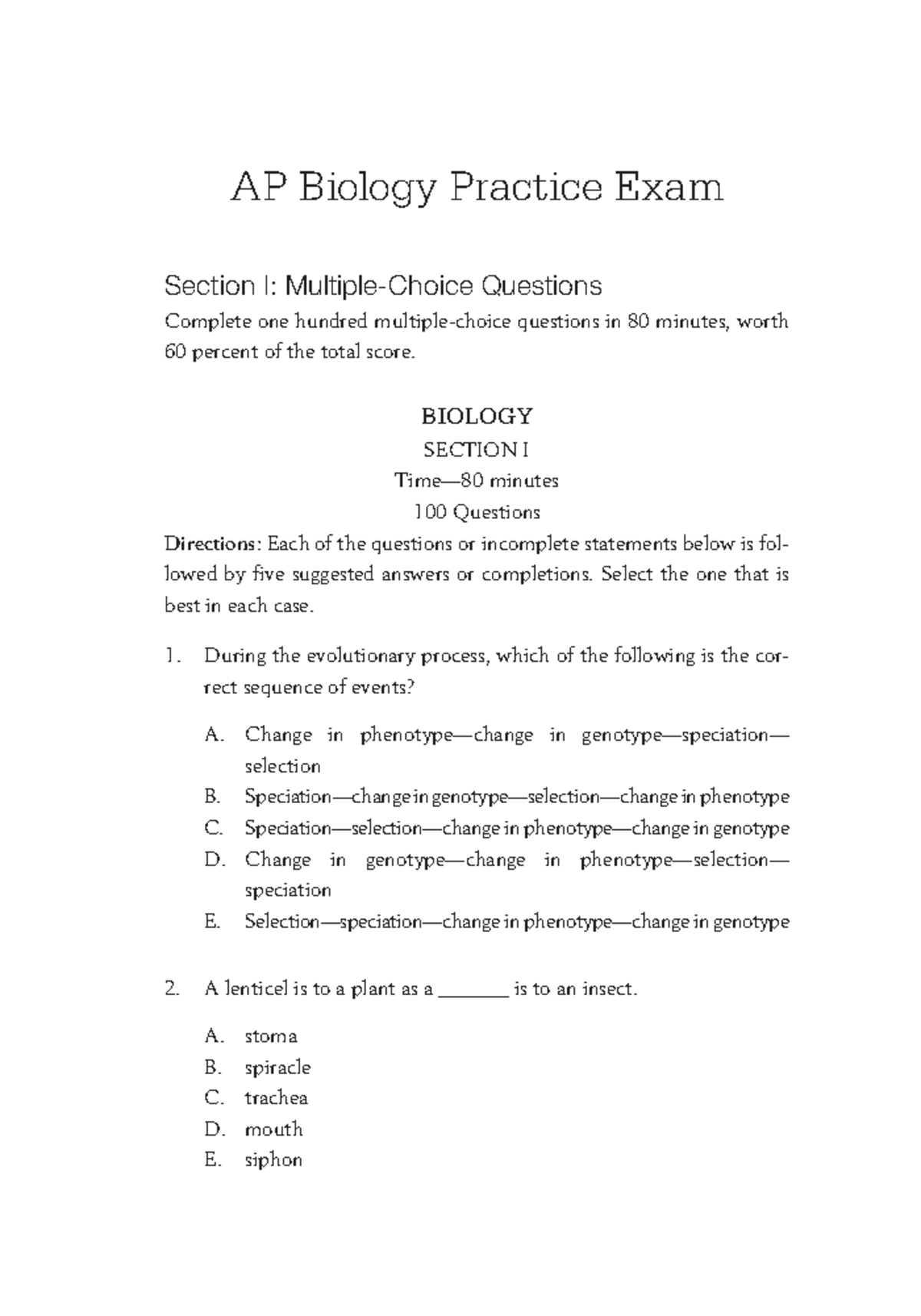 A.P. Bio Exam 1 w explanations - AP Biology Practice Exam Section I ...