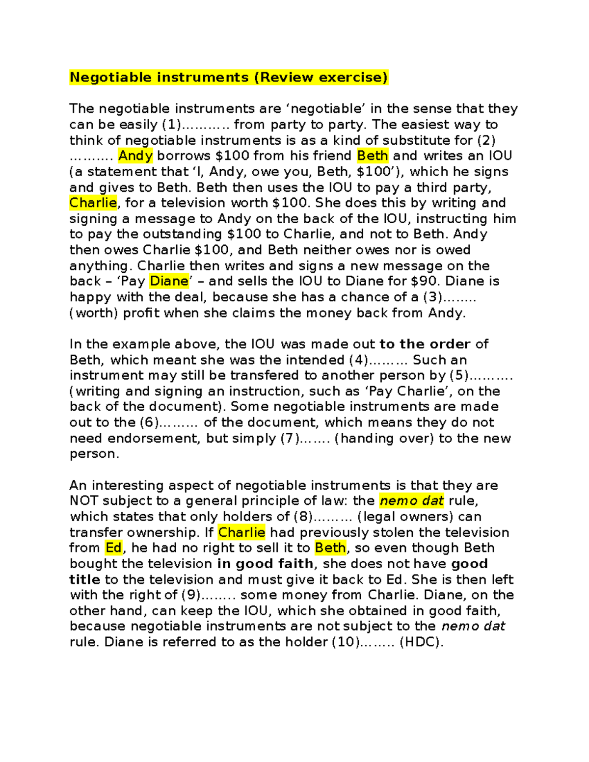 Unit 12 Review exercise - Negotiable instruments (Review exercise) The ...