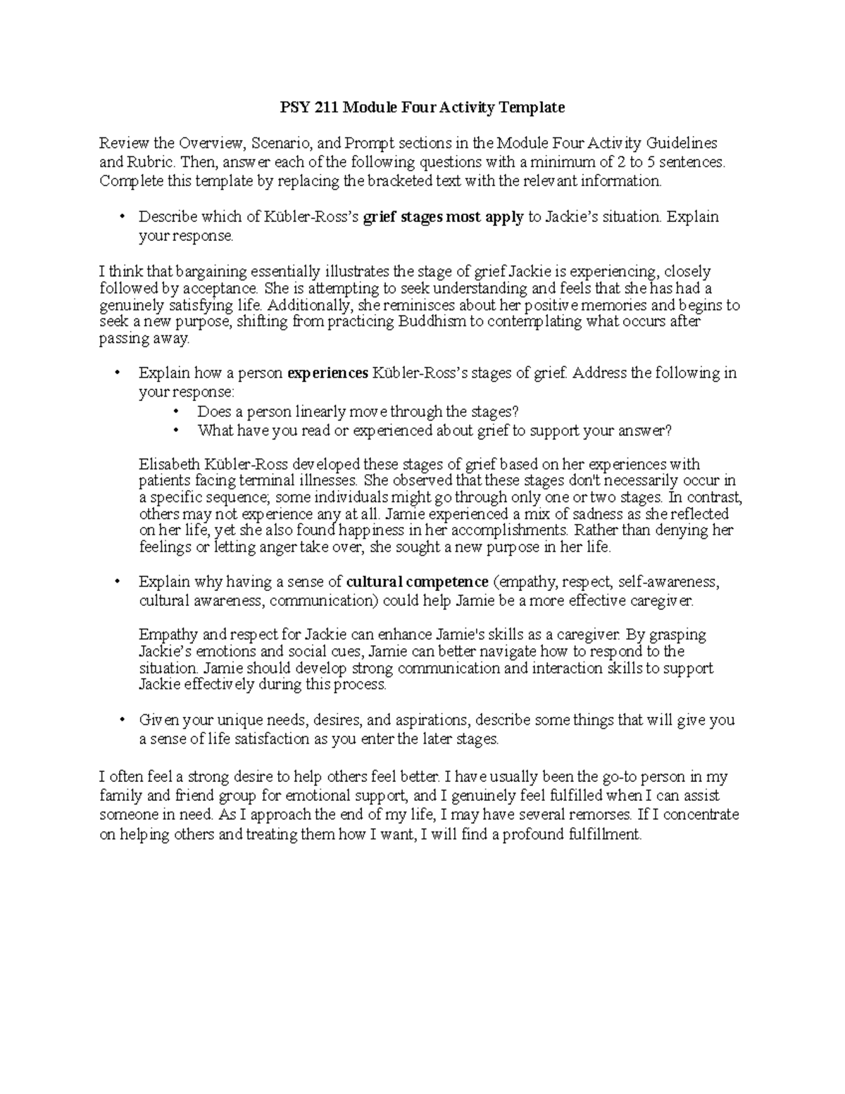 PSY 211 Module Four Grief Stages Activity Template Analysis - Studocu