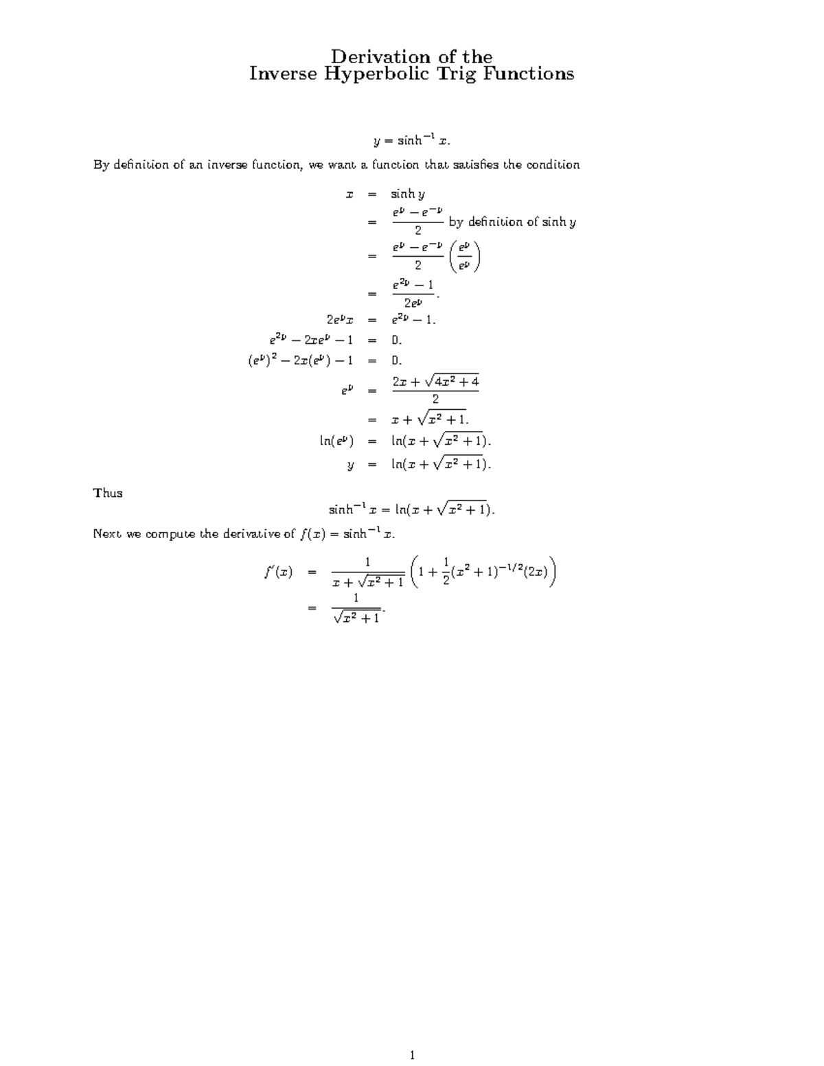 Inverse Hyperbolic - Geometry - Derivation of the Inverse Hyperbolic ...