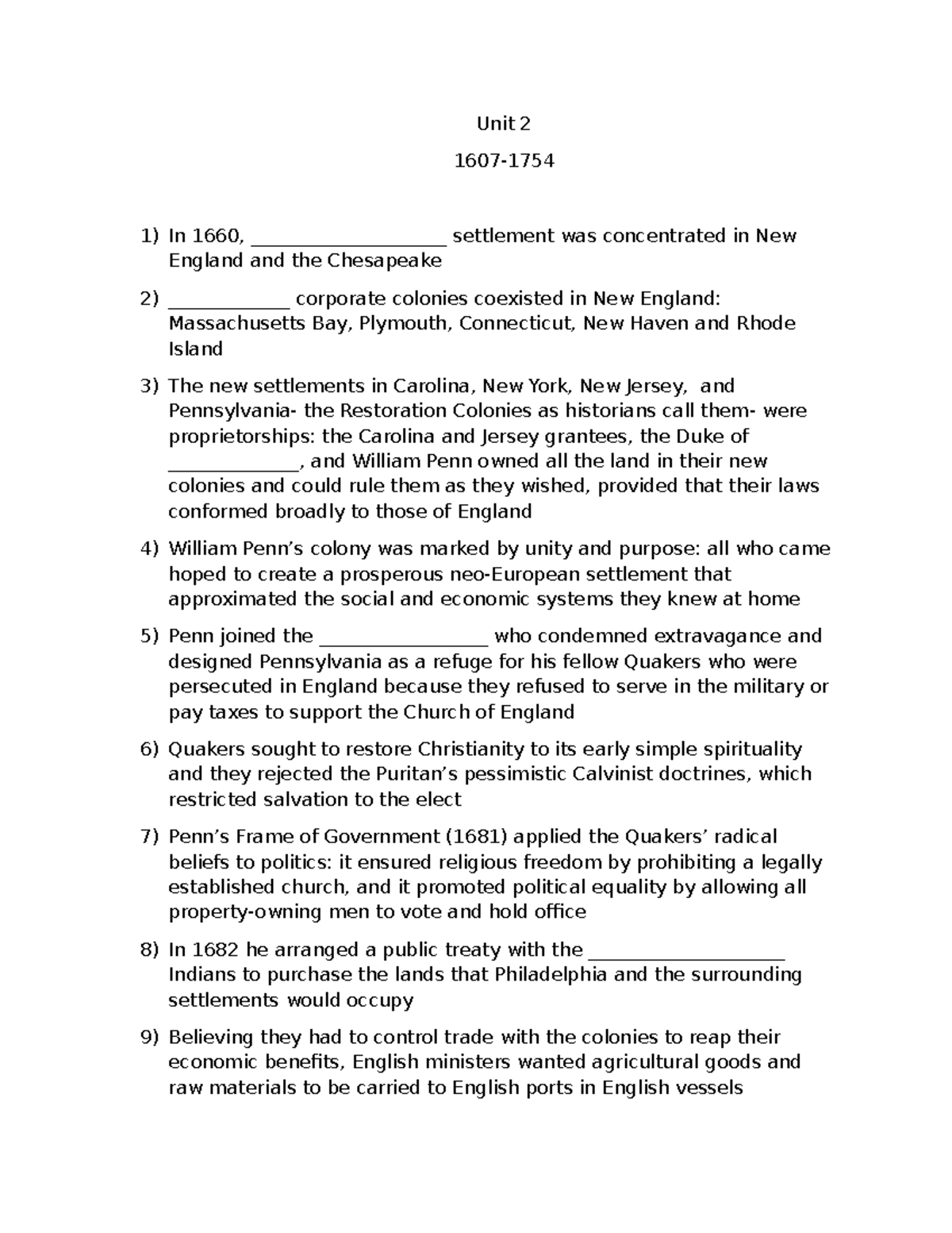 Unit 2: Colonial America & the South Atlantic System (1607-1754) - Studocu