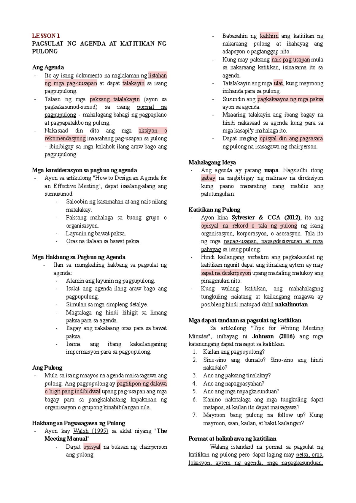 Pagsulat ng Agenda, Katitikan, at Replektibong Sanaysay sa Wika - Studocu