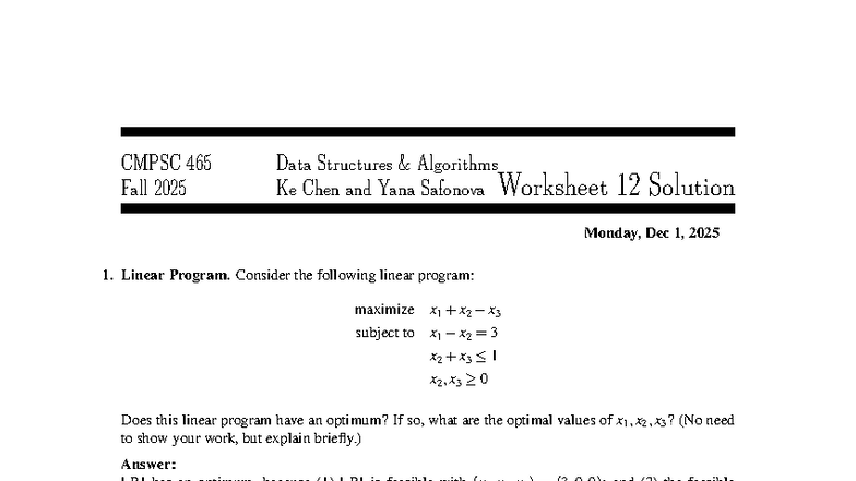 CMPSC 465 Fall 2025 Recitation 12 Solutions on Linear Programming - Studocu