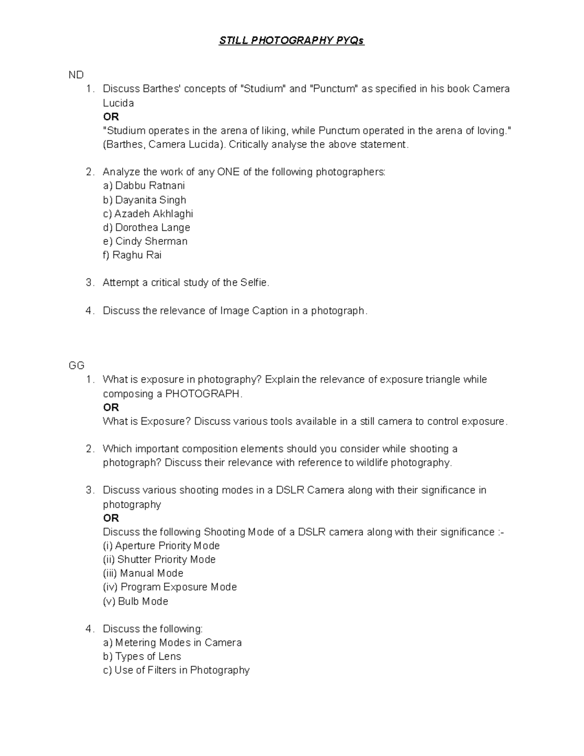00001019-SP Still Photography PYQs: Concepts, Techniques & Analysis - Studocu