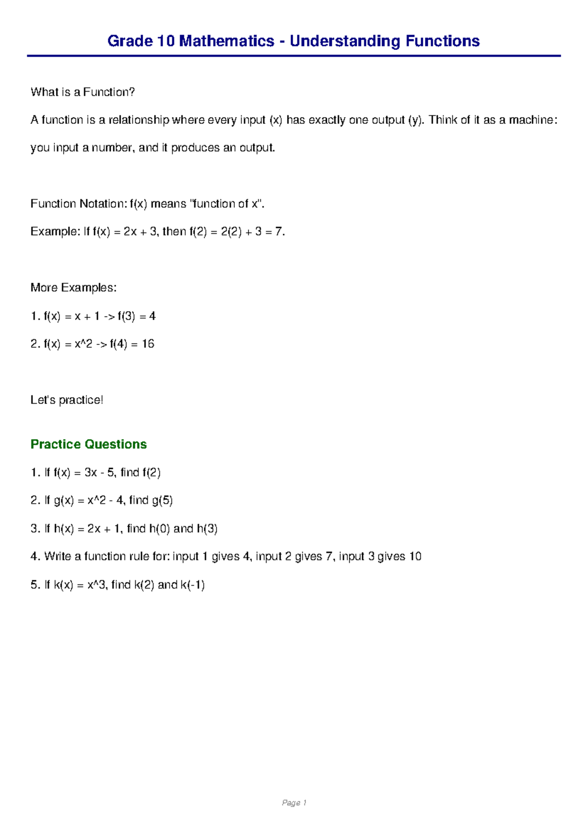 Grade 10 Math Functions Worksheet: Understanding and Practice - Studocu