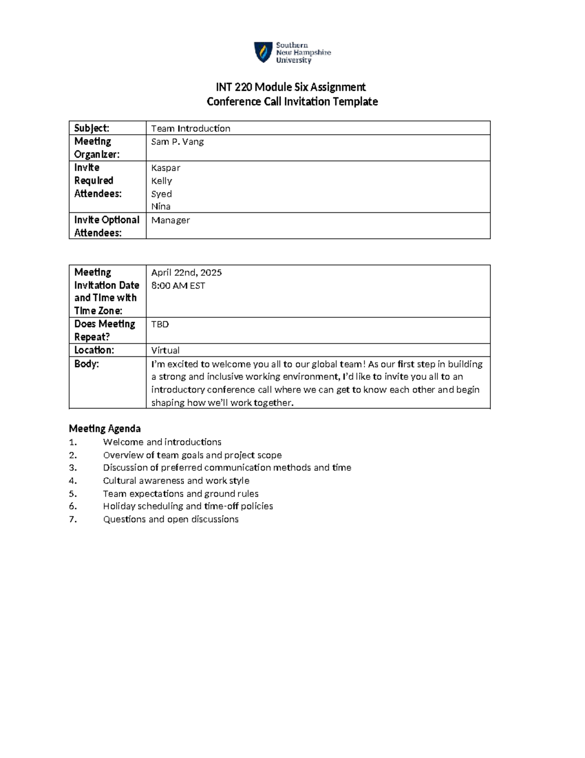 INT 220 Module 6 Assignment: Conference Call Invitation Template - Studocu