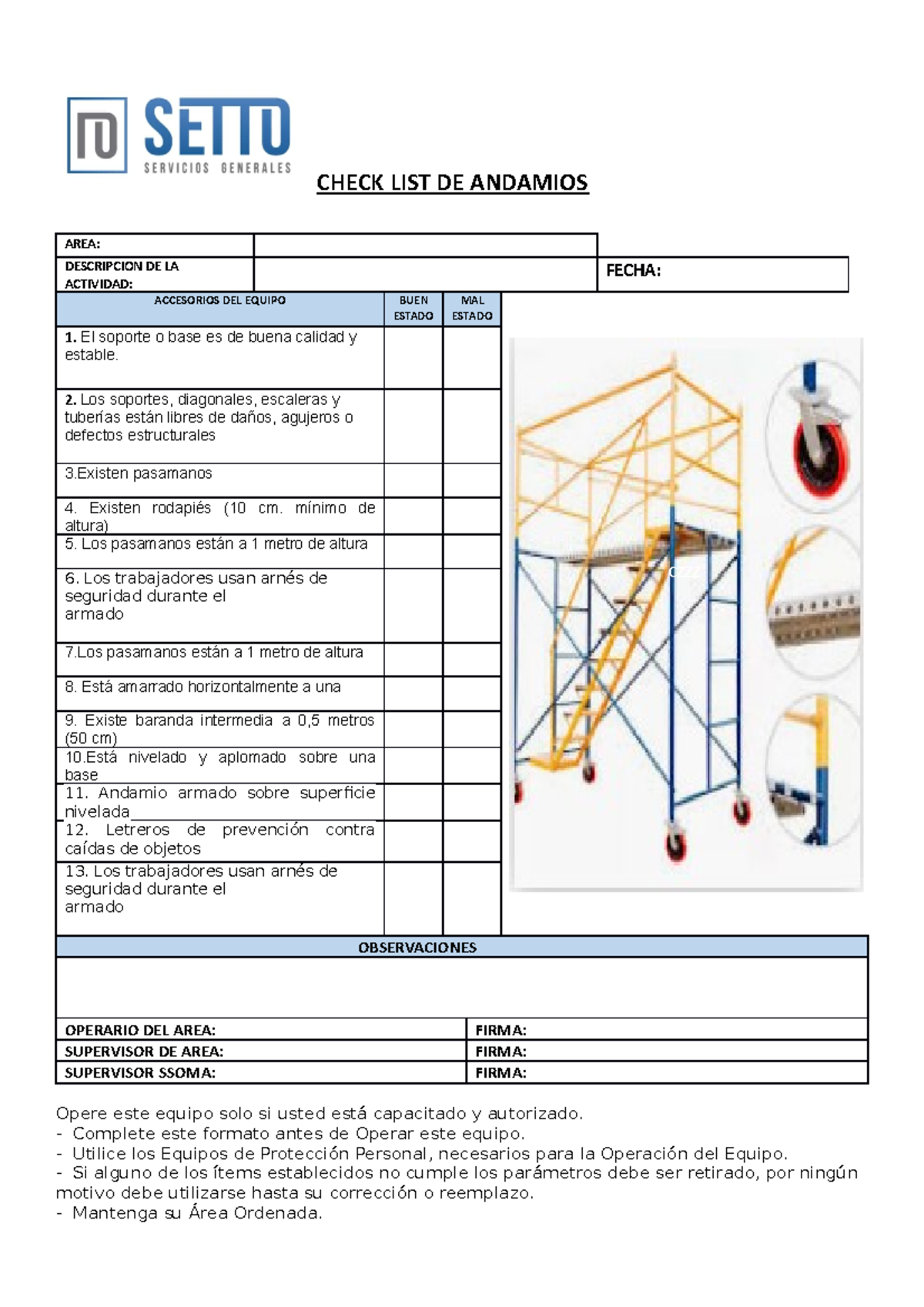 Check LIST DE Andamios - seguridad - CHECK LIST DE ANDAMIOS AREA ...