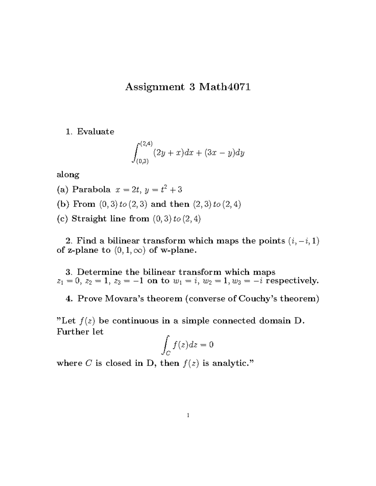 Assignment 3 Math4071: Evaluating Integrals and Bilinear Transforms - Studocu