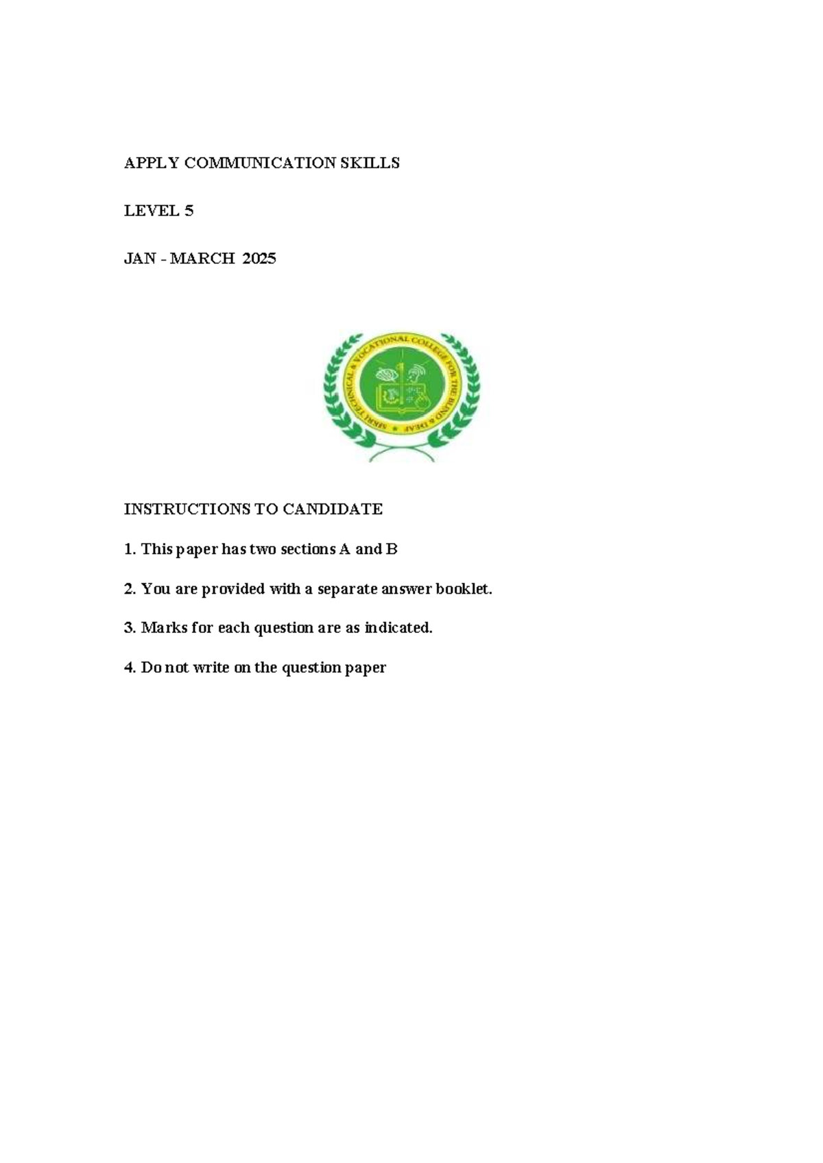 Apply Communication Skills Level 5 Jan-Mar 2025 Exam Instructions - Studocu