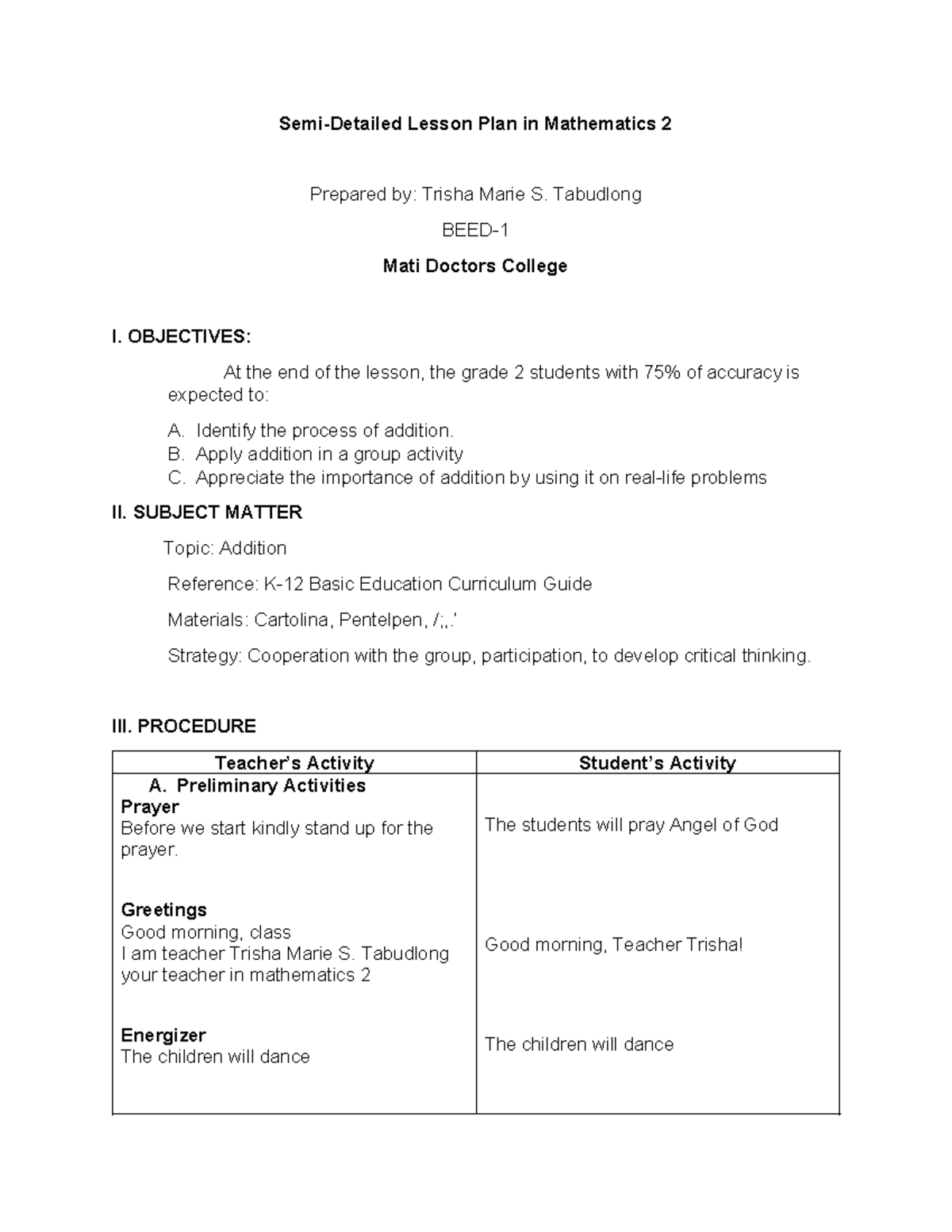 Mathematics 2 Lesson Plan: Introduction to Addition by Trisha Marie S ...
