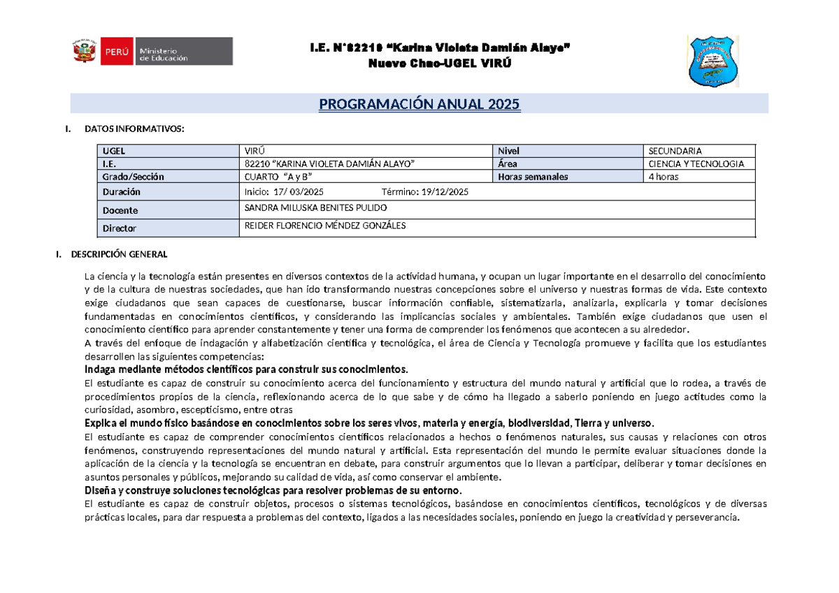 Programación Anual 4º CYT - Secundaria 2025: Competencias y Actividades - Studocu