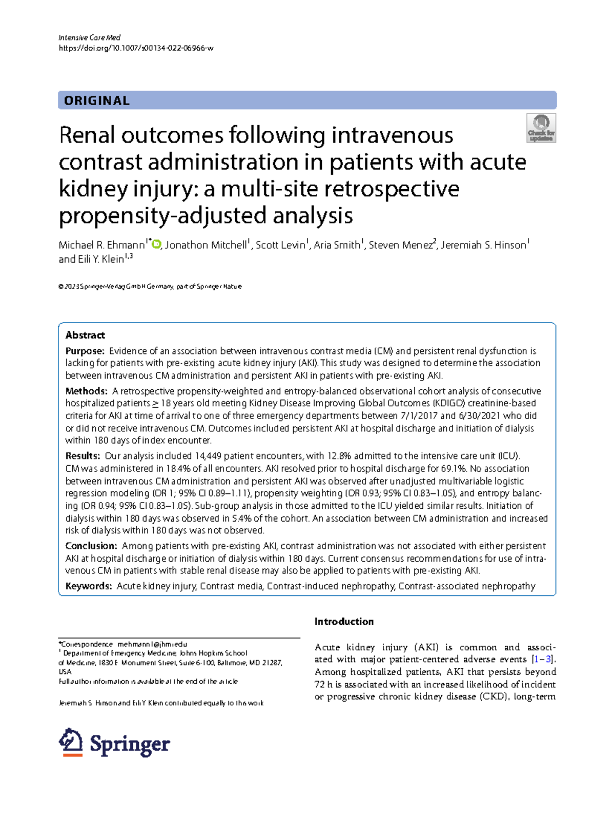Renal outcomes following intravenous contrast administration ...