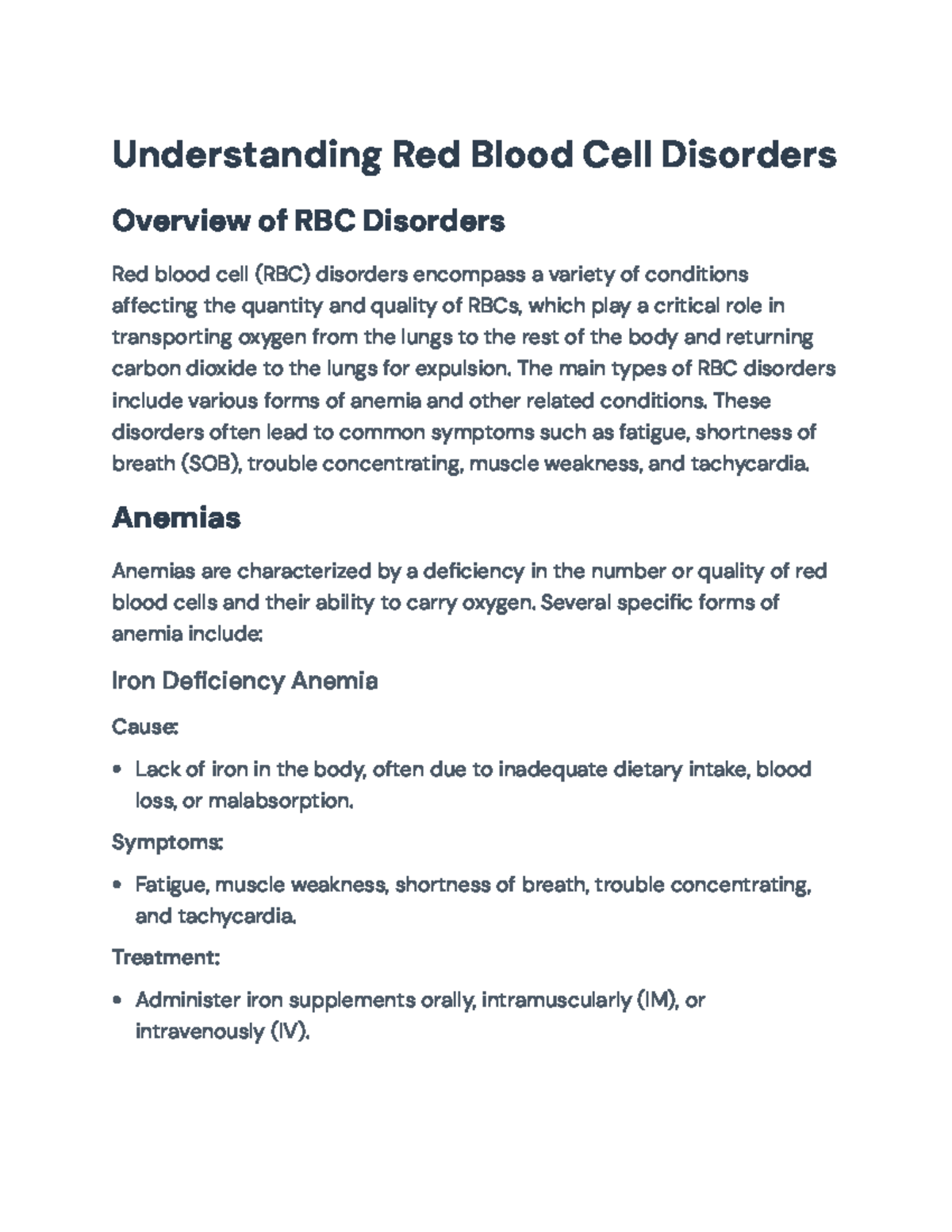Understanding Red Blood Cell Disorders: Anemia Types & Treatments - Studocu