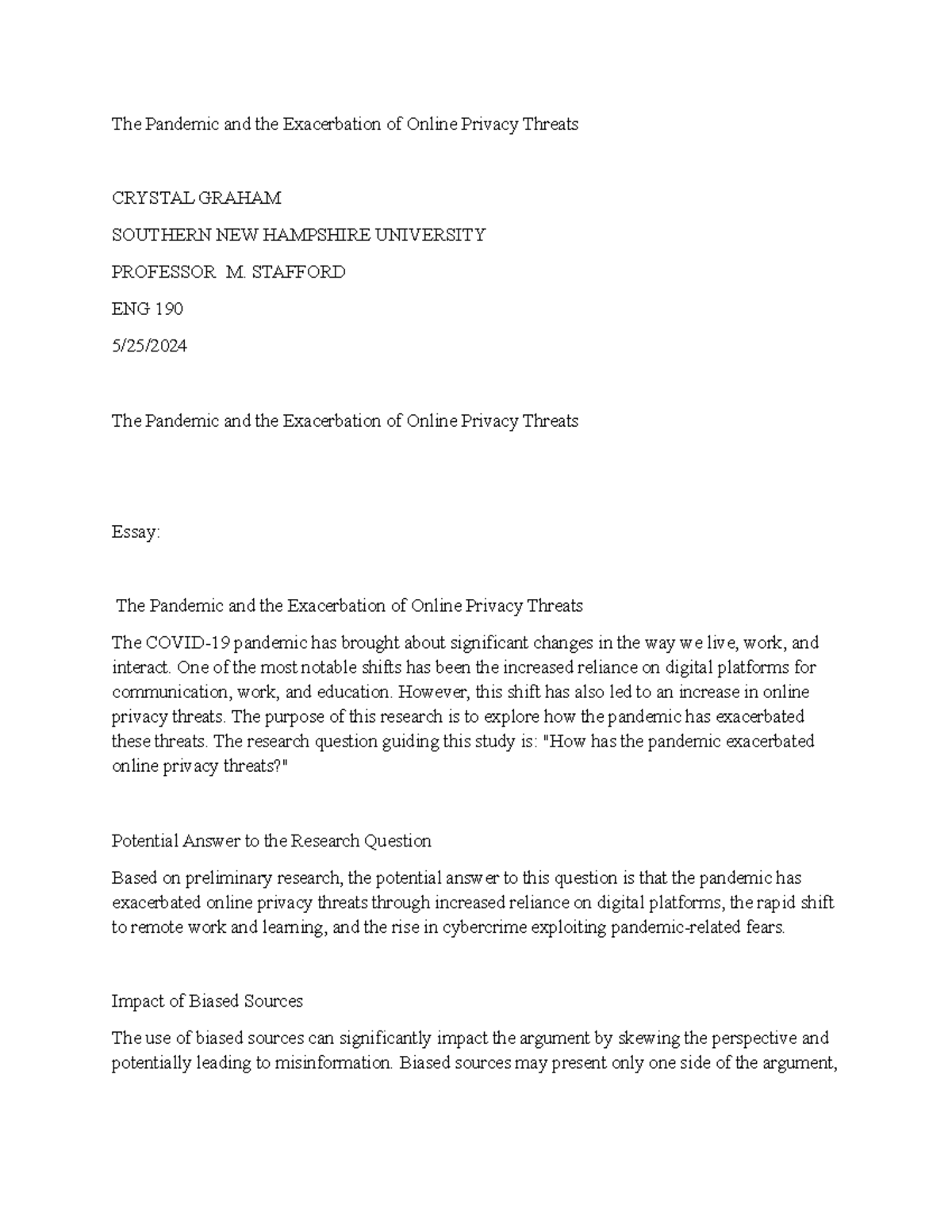 ENG 190 Module 3 Essay: Pandemic's Impact on Online Privacy Threats ...