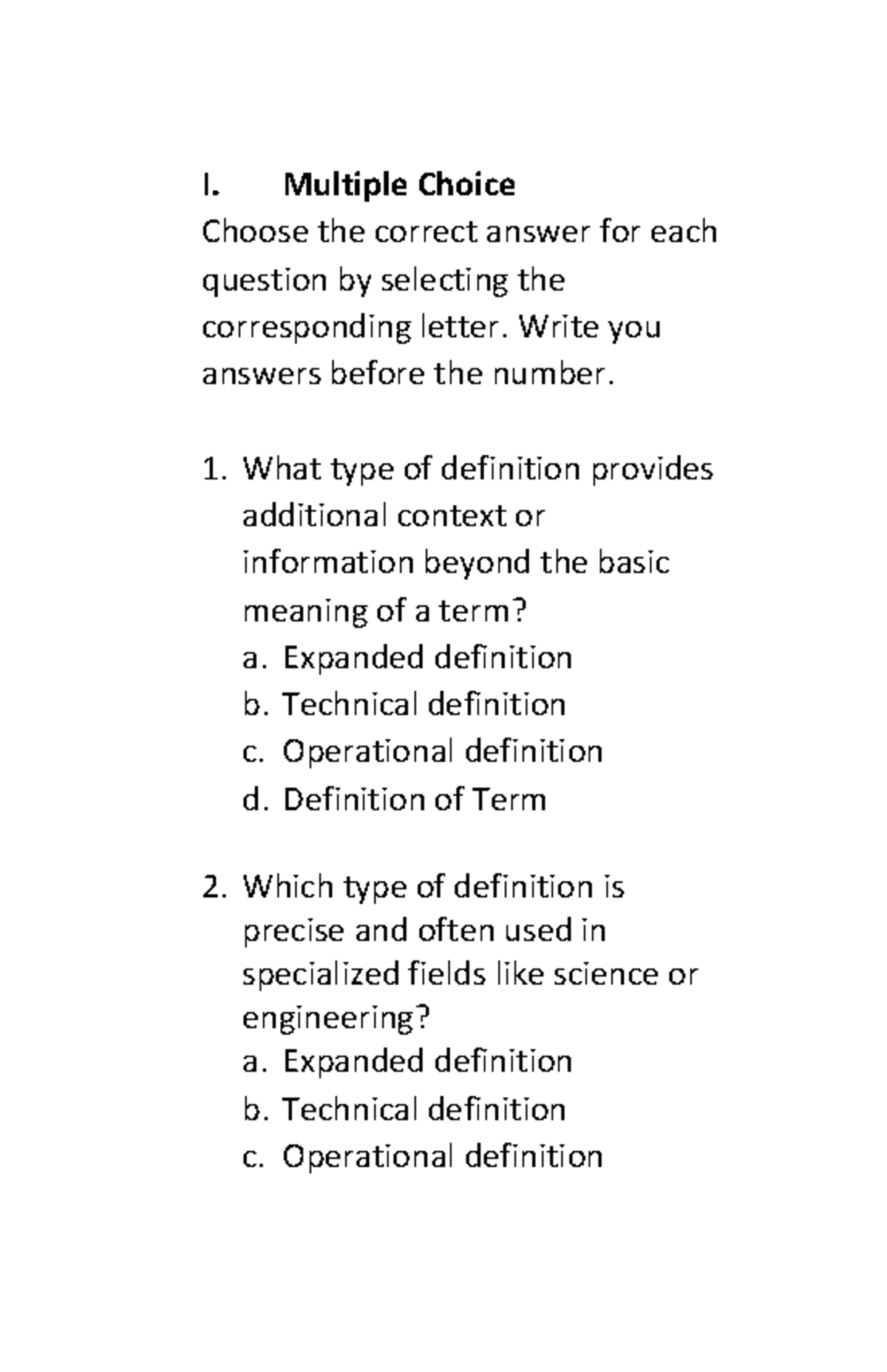 Grade 10 Quiz - Research Definitions and Paper Writing Techniques - Studocu