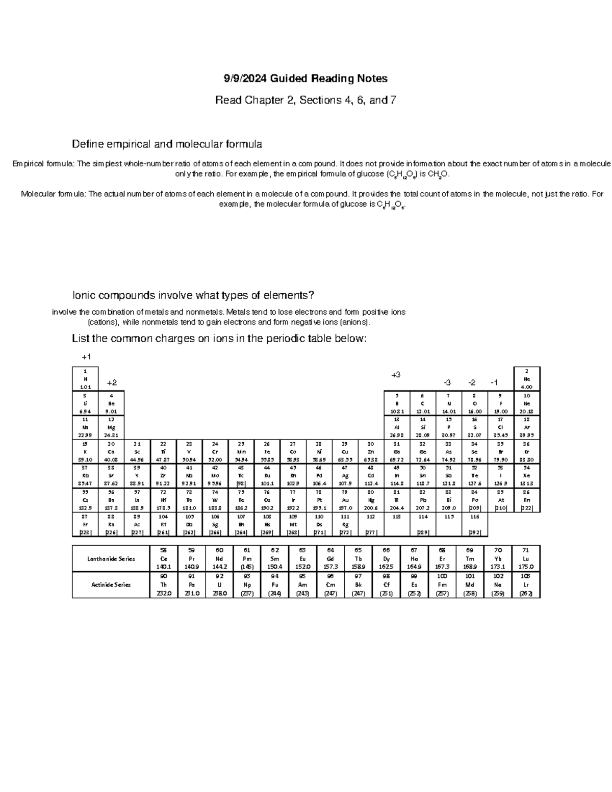 0909 Guided Reading Notes: Ionic & Molecular Compounds Overview - Studocu