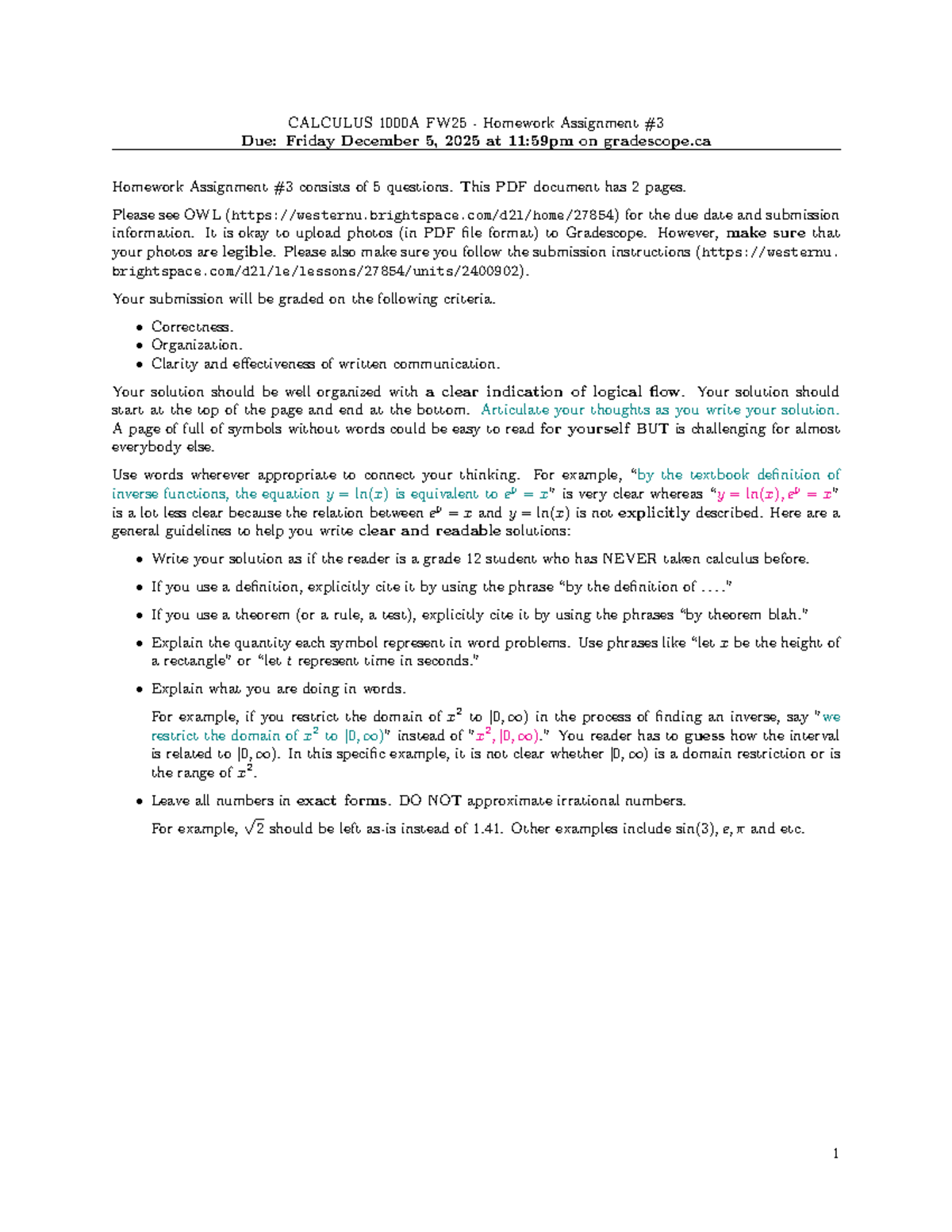 CALCULUS FW25 Homework Assignment 3 - Due Dec 5, 2025 - Studocu