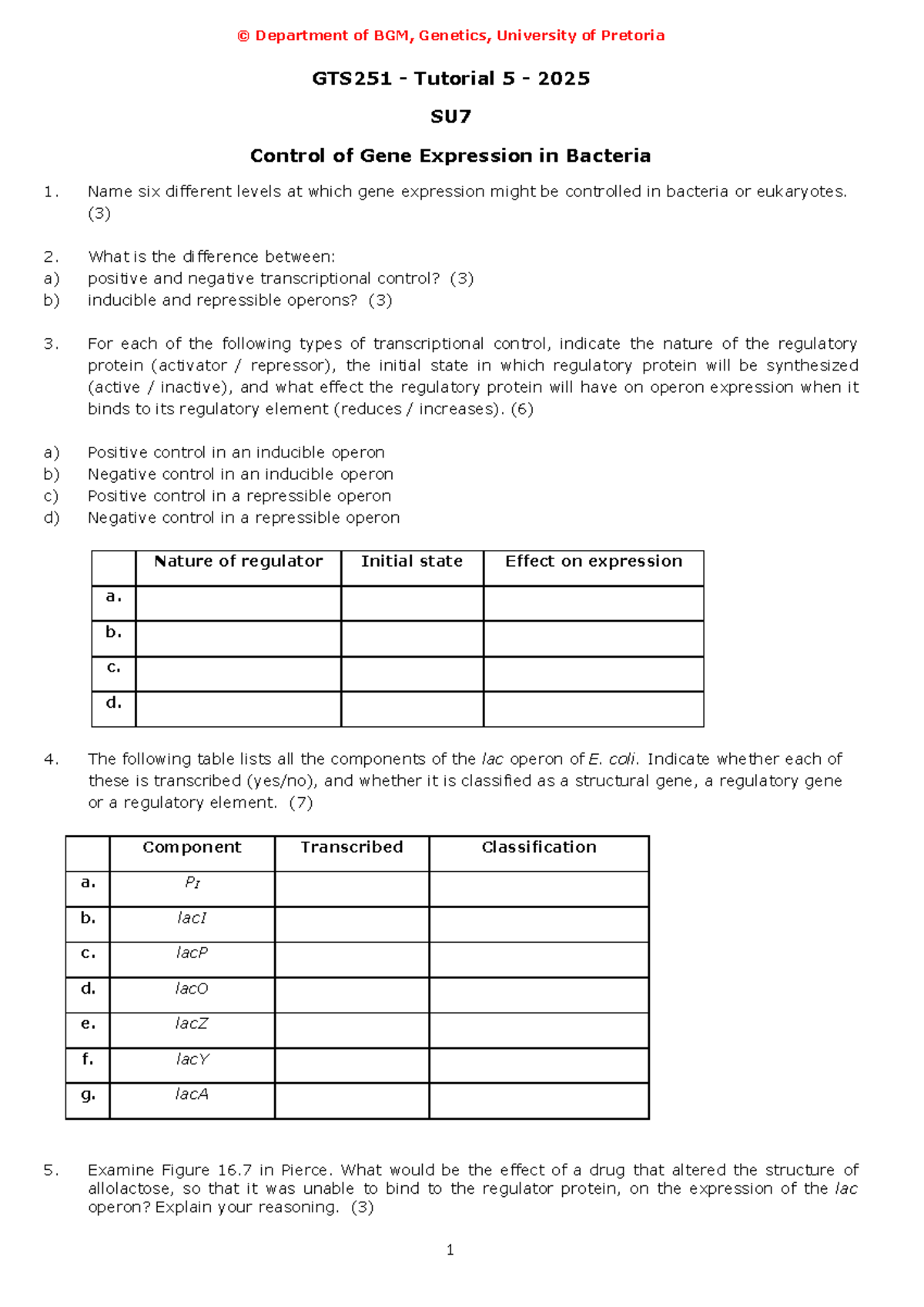 GTS251 Tutorial 5: Control of Gene Expression in Bacteria - 2025 SU7 - Studocu