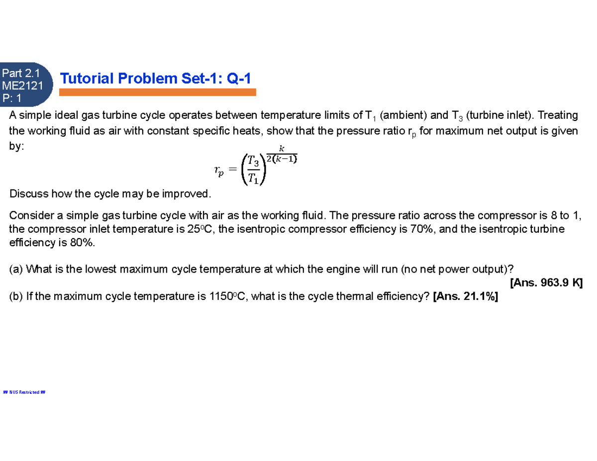 ME2121 Part 2 Tutorial Problem Set 1 Solutions - NUS Restricted Tutorial Problem Set-1: Q- A ...