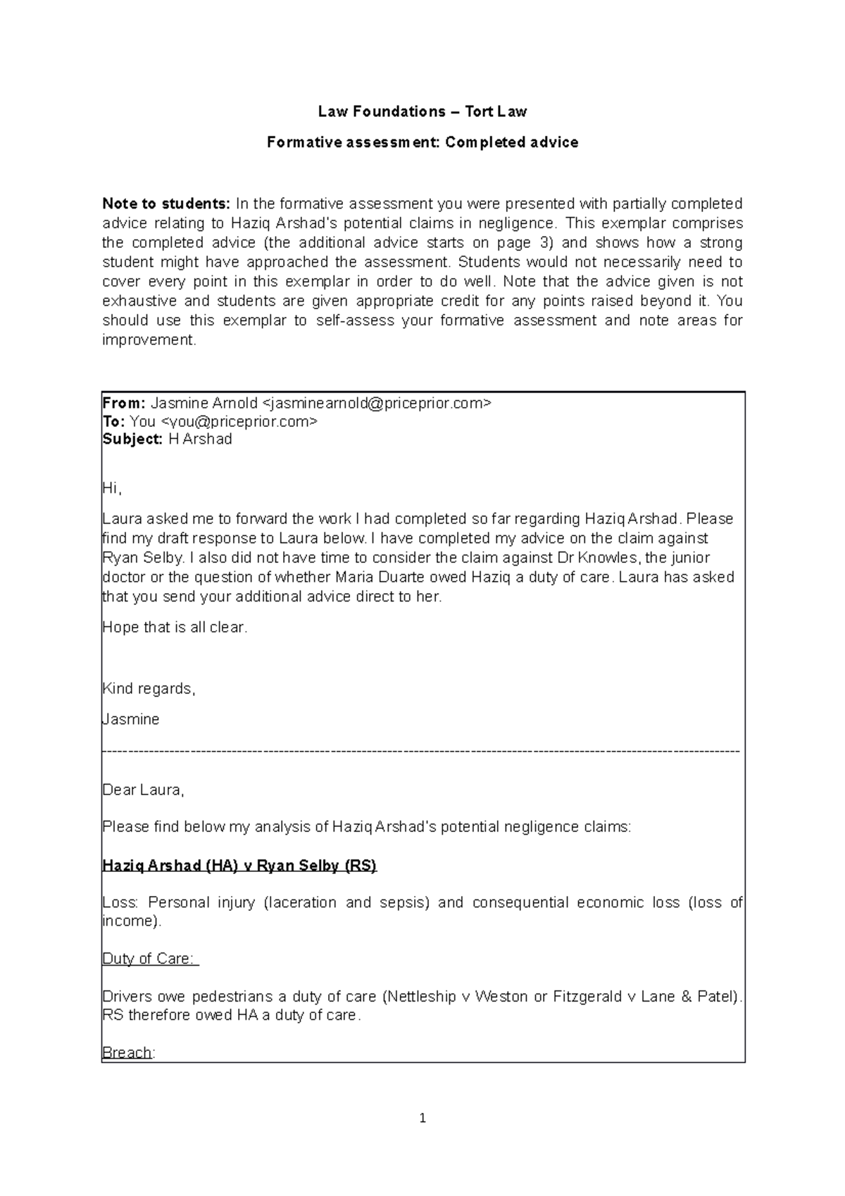 Tort Law Formative Assessment Exemplar: H. Arshad Case Analysis - Studocu