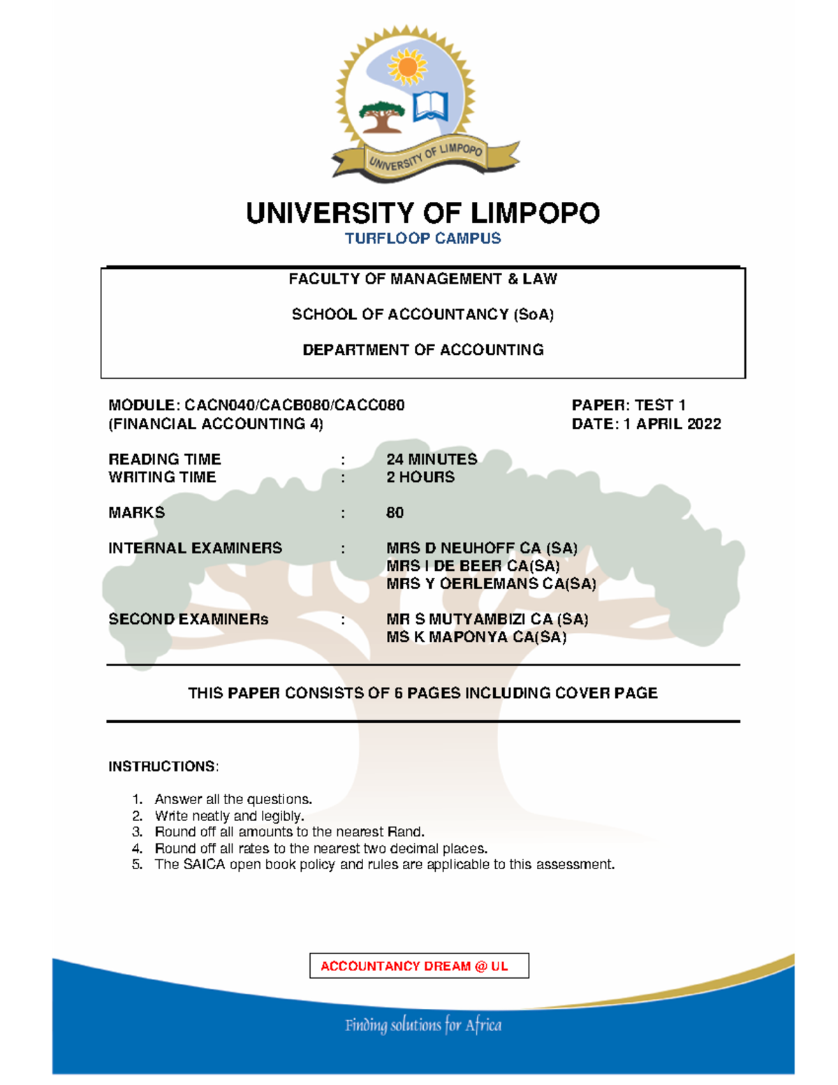 2022 Question paper - UNIVERSITY OF LIMPOPO TURFLOOP CAMPUS FACULTY OF ...