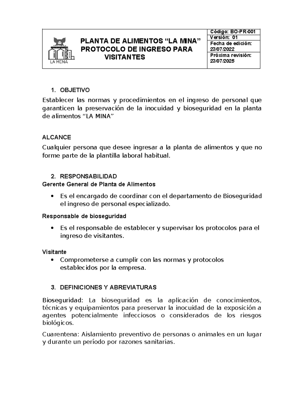 Protocolo de Ingreso para Visitantes en Planta de Alimentos - Versión ...