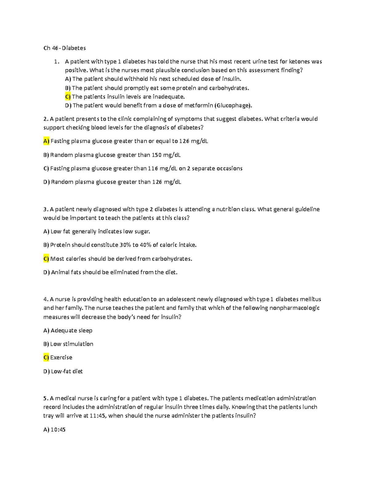 Ch 46 Diabetes - Practice Questions for Exam Preparation - Studocu