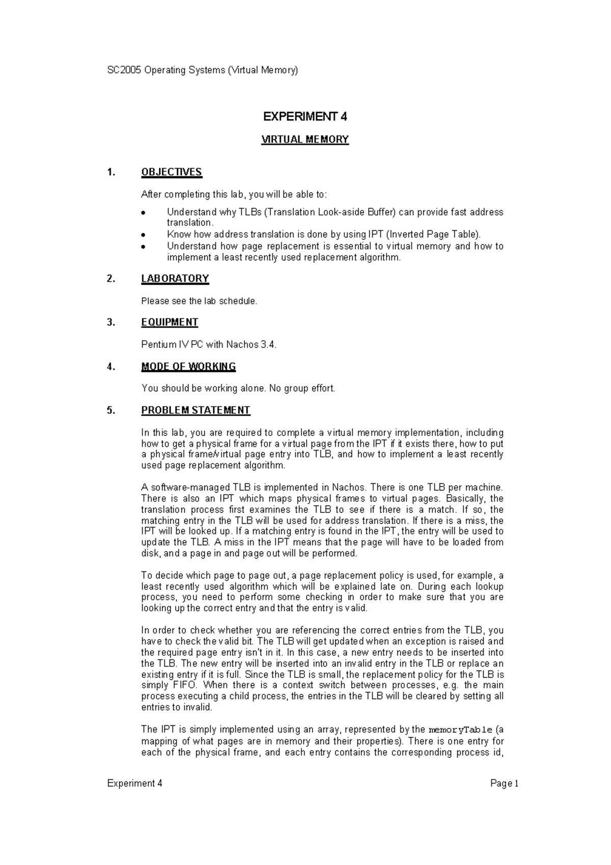 SC2005 Operating Systems: Lab 4 on Virtual Memory Implementation - Studocu