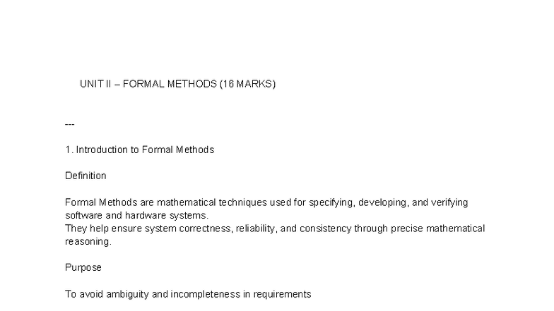 UNIT II Formal Methods - Detailed Notes (16 Marks) - Studocu