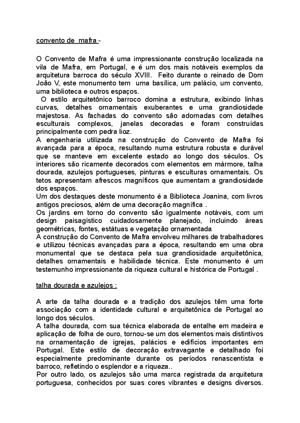 Estudo sobre Talha Dourada e Convento de Mafra: Arquitetura Barroca ...