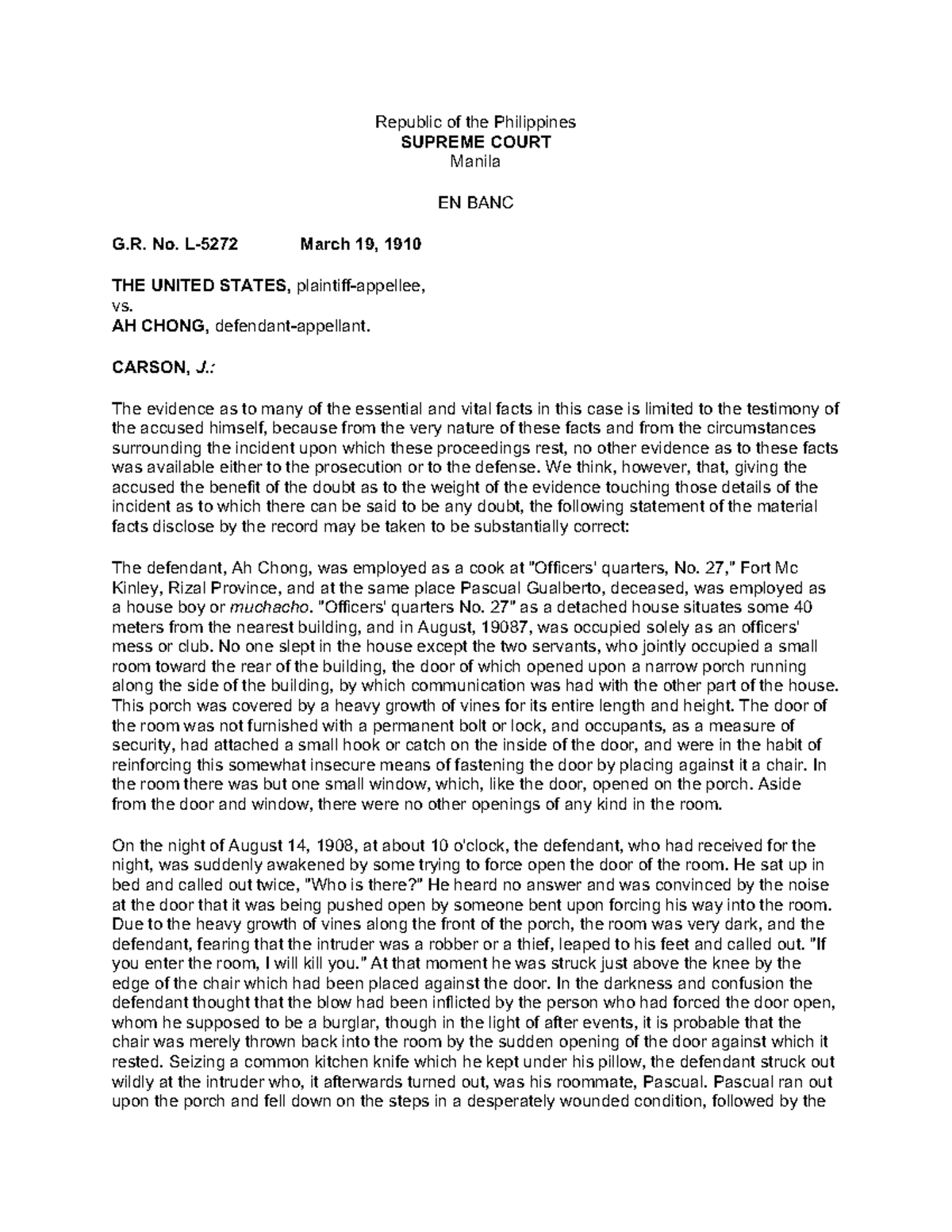 US v. Ah Chong - Case Study on Homicide and Self-Defense - Studocu