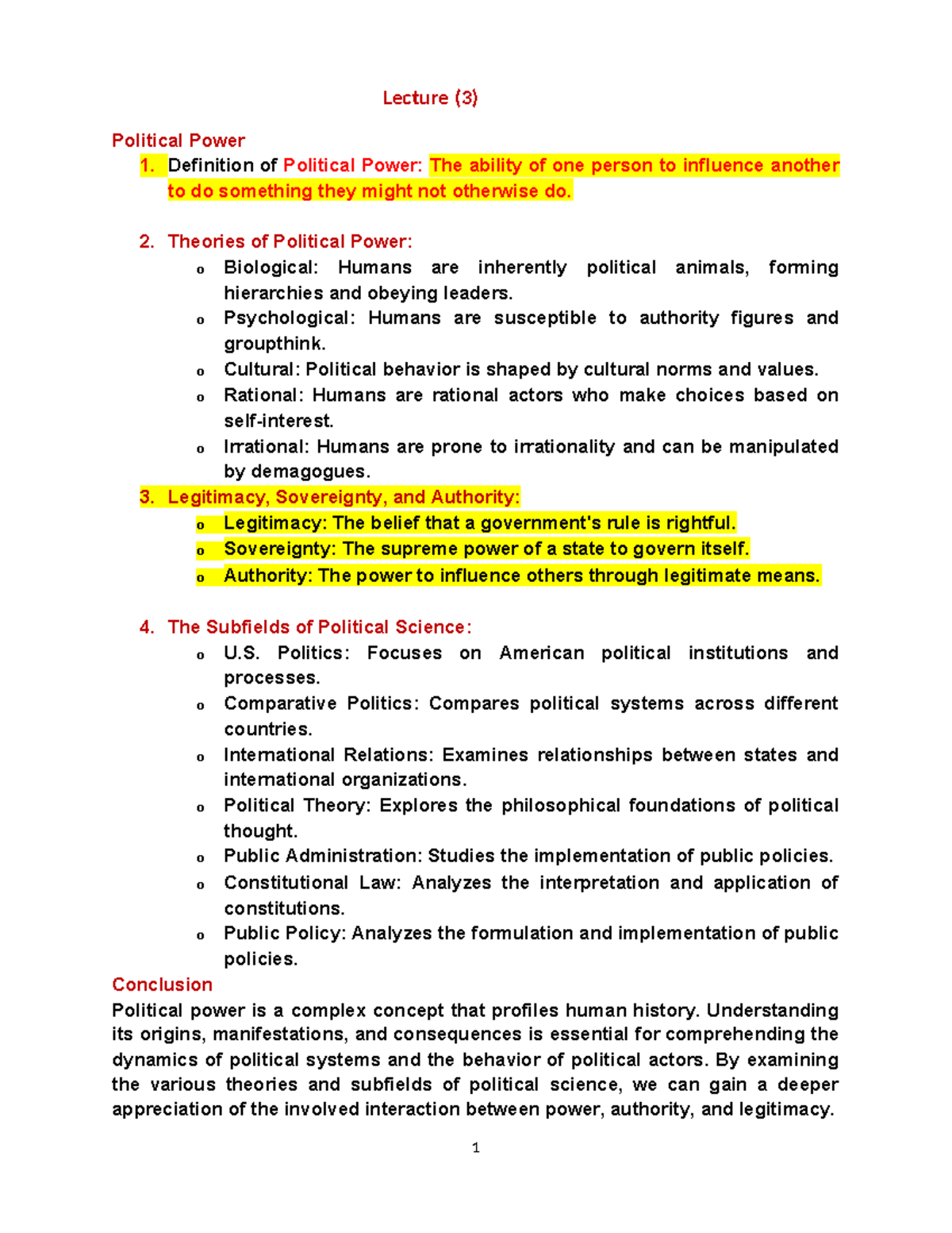 Lecture (3) Notes: Understanding Political Power and Its Theories - Studocu