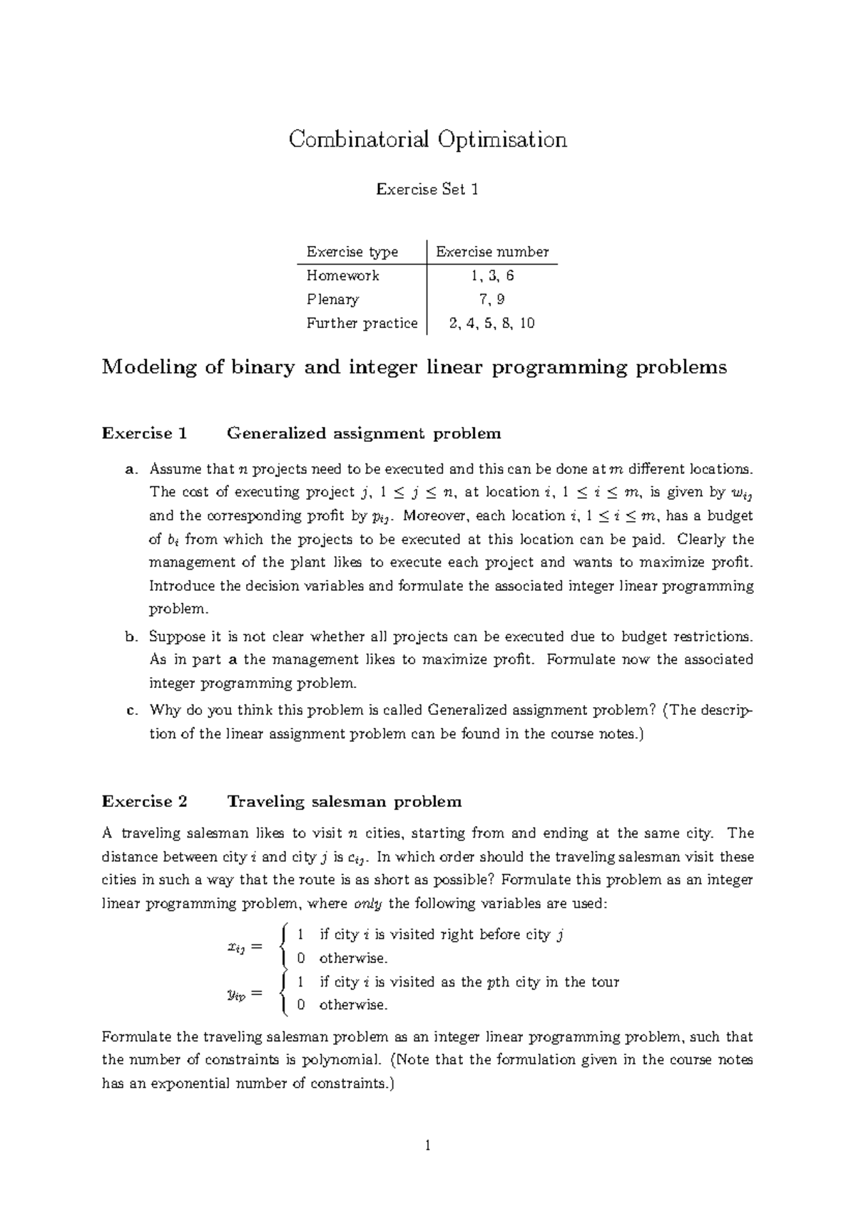 Combinatorial Optimisation Exercise Set 1: Homework Questions and ...