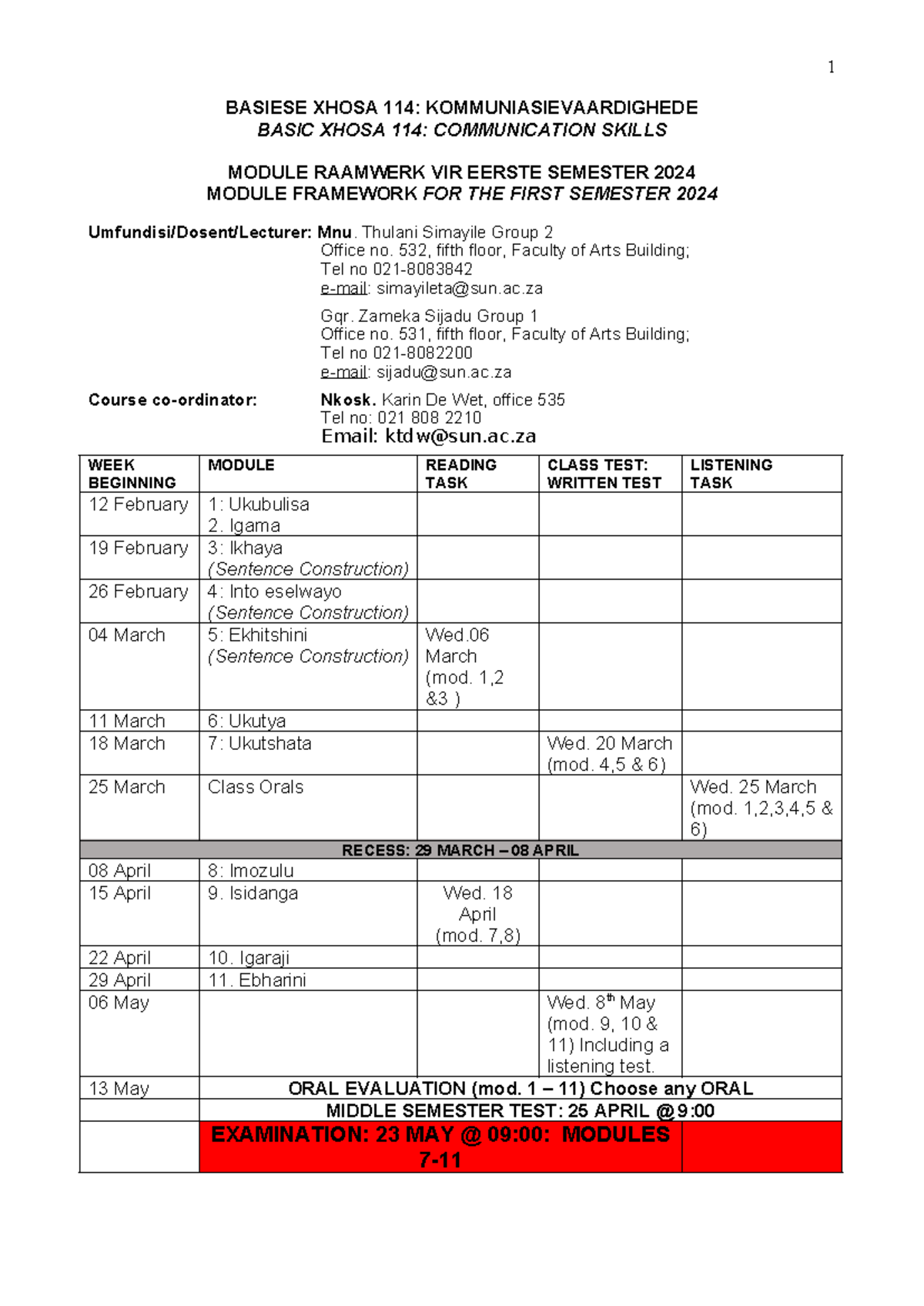 BASIESE XHOSA 114: SEMESTER 1 2024 MODULE FRAMEWORK - Studocu