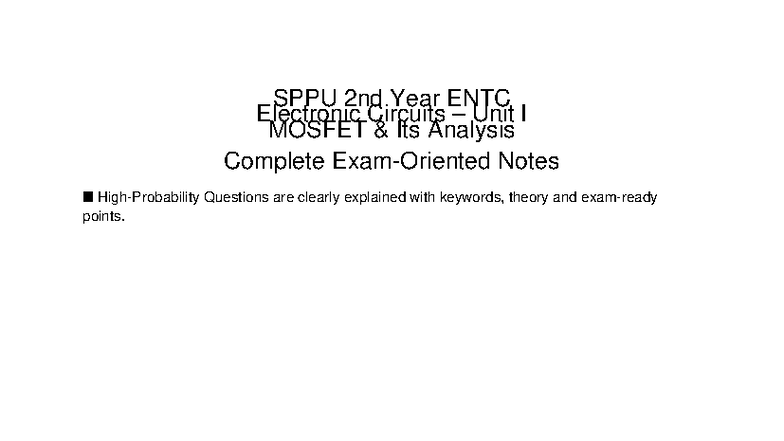 SPPU 2nd Year ENTC Electronic Circuits Unit I MOSFET Complete Notes ...