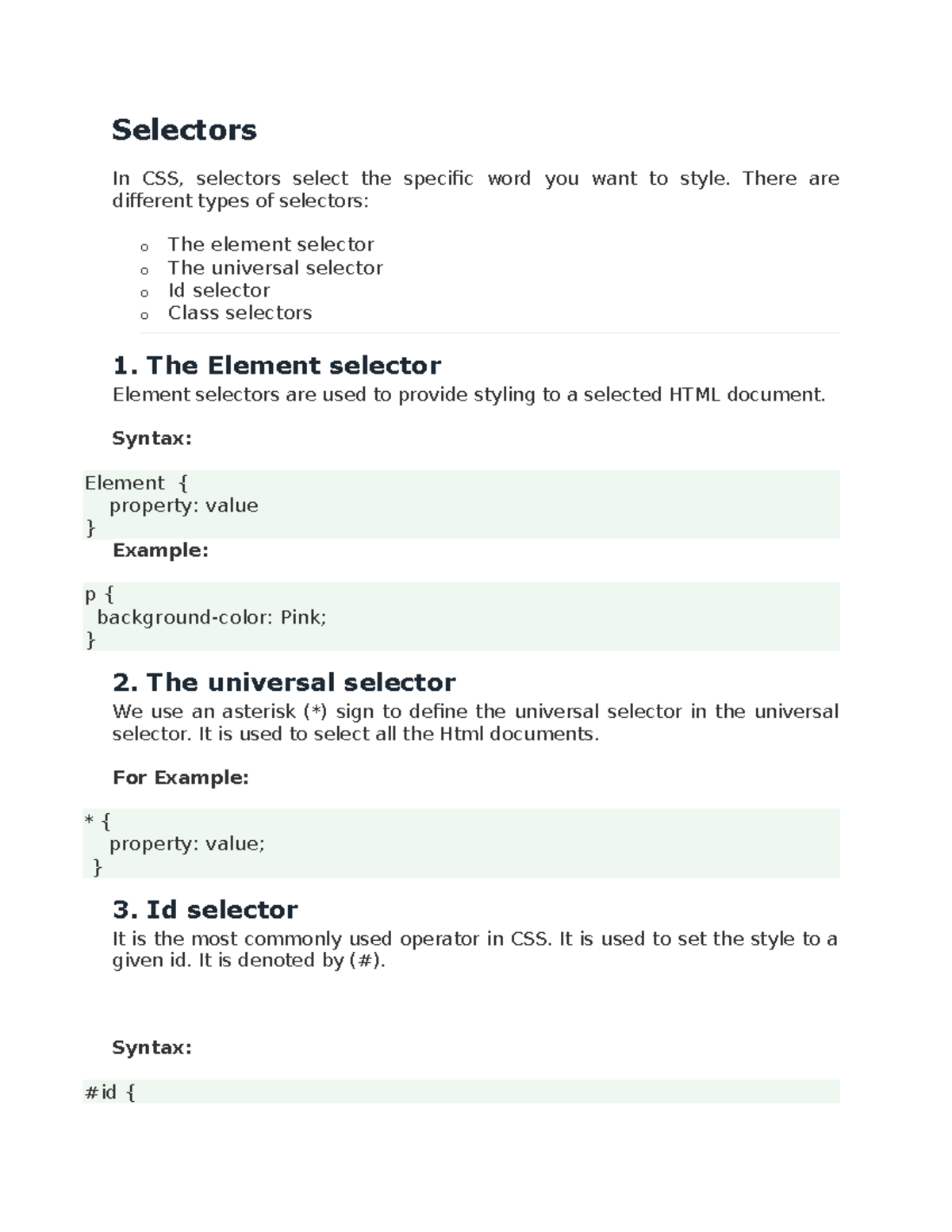 Selectors in CSS - UNIT 2 Overview and Examples - Studocu