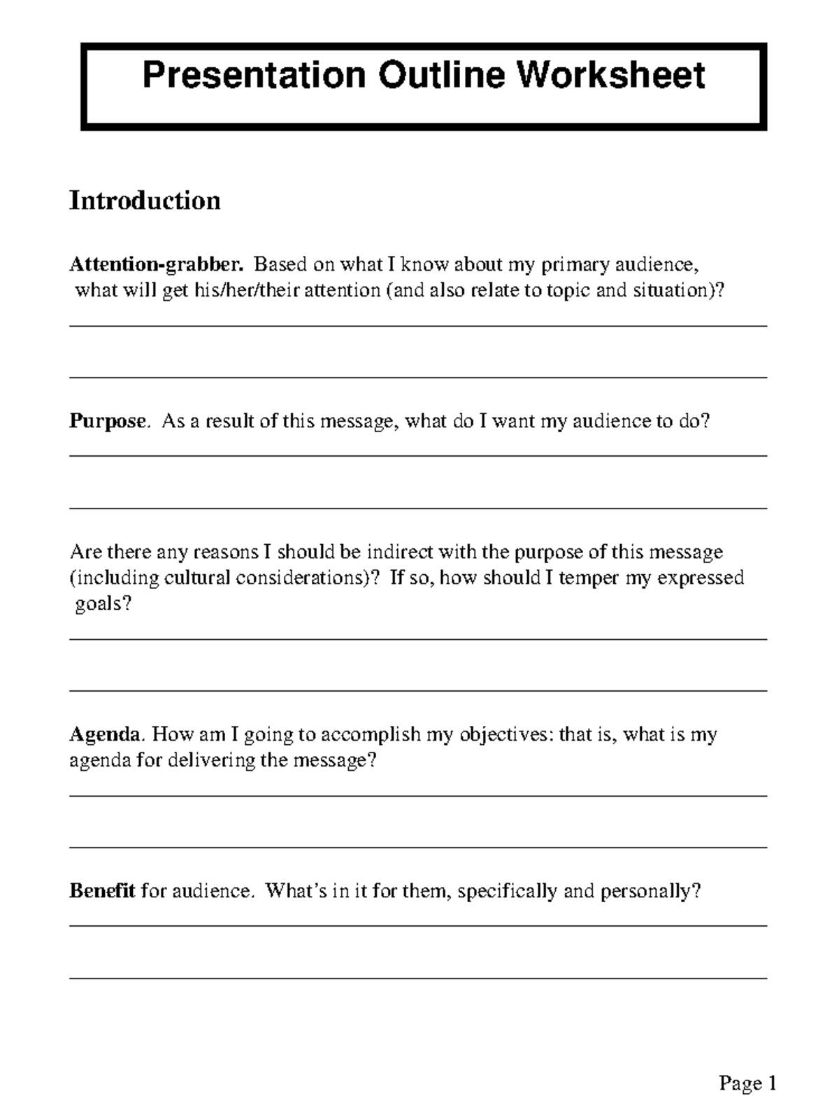 Presentation Outline Worksheet - Introduction Attention-grabber. Based ...