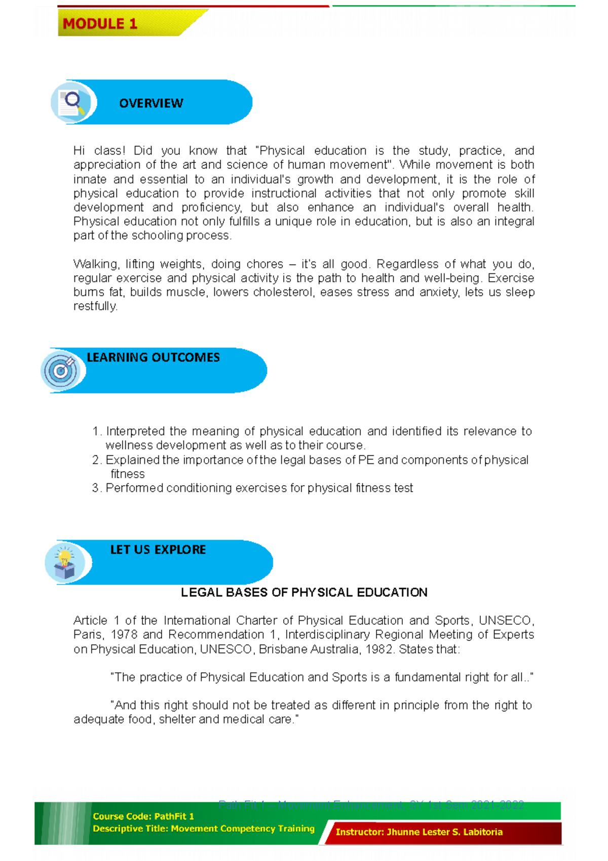 Path fit 1 module 1 - OVERVIEW LEARNING OUTCOMES LET US EXPLORE Hi ...